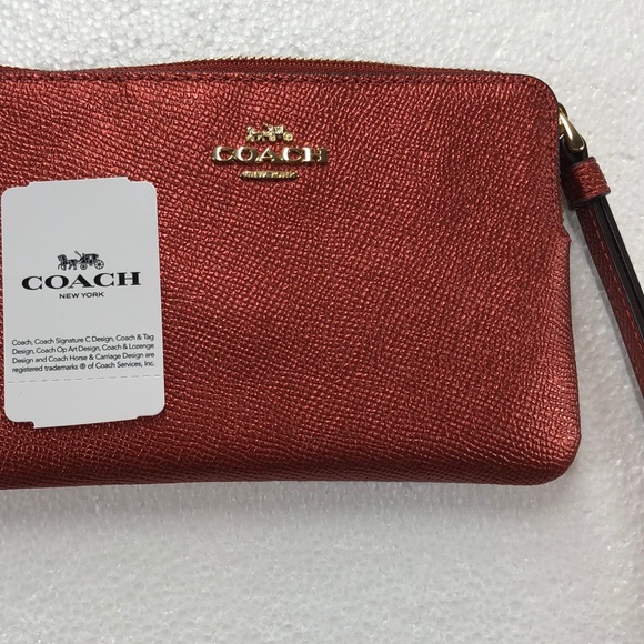 Coach | Bags | Nwt Coach Leather Wristlet In Metallic Red | Poshmark
